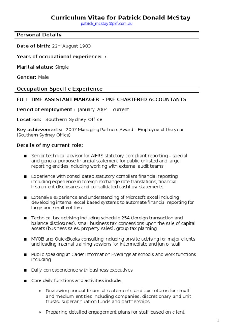 Curriculum Vitae For Patrick Donald McStay | PDF | Financial Statement ...