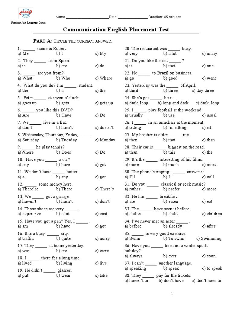 Communication English Placement Test: Ircle THE Correct Answer | PDF ...
