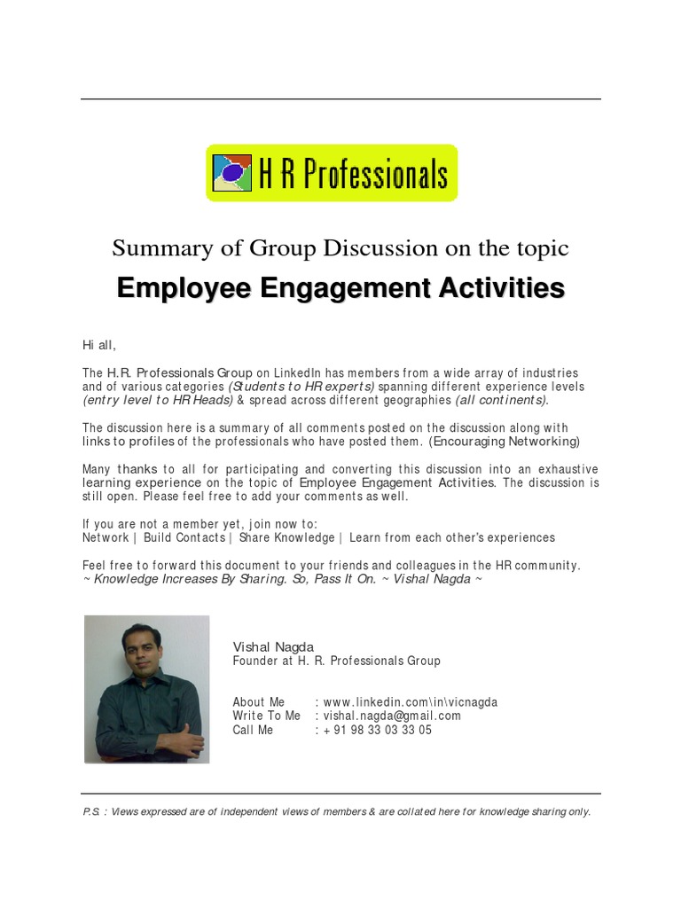 Employee Engagement Activities Summary | PDF | Human Resource ...
