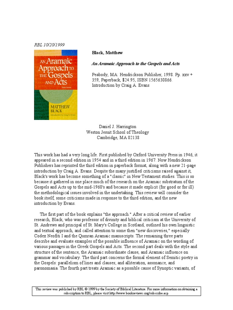 Black, Matthew - An Aramaic Approach To The Gospels and Acts - SBL ...