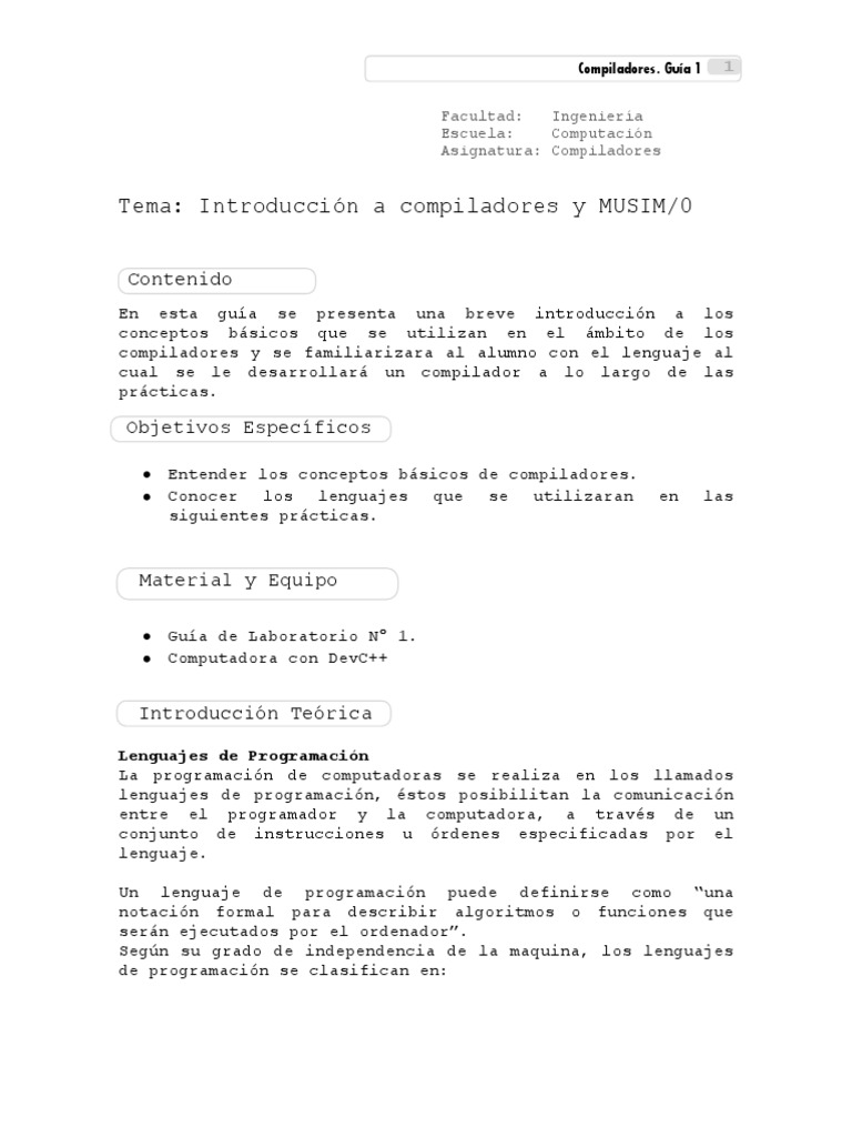 Introducción a los conceptos básicos de compiladores y al lenguaje MUSIM/0 | PDF | Compilador ...