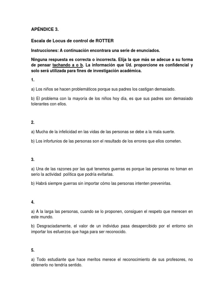 Test de Locus de Control Interno Vs Externo de Rotter | PDF
