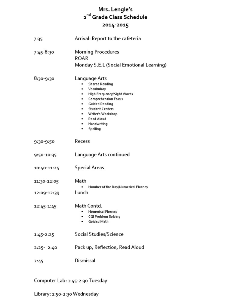 2nd Grade Daily Schedule | PDF