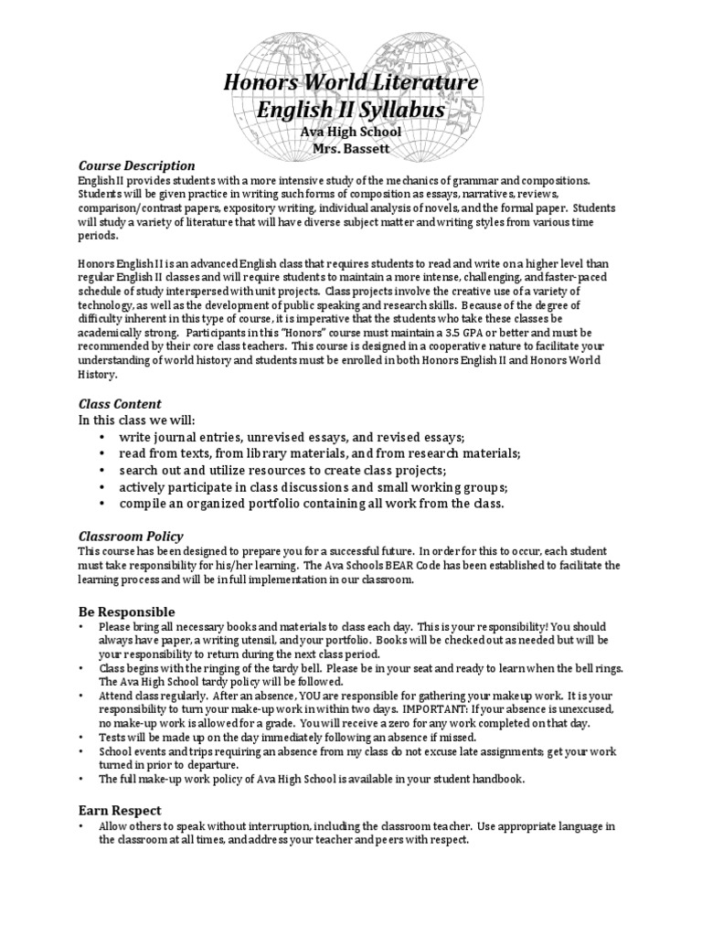English II Honors Syllabus | PDF | Education Theory | Teaching