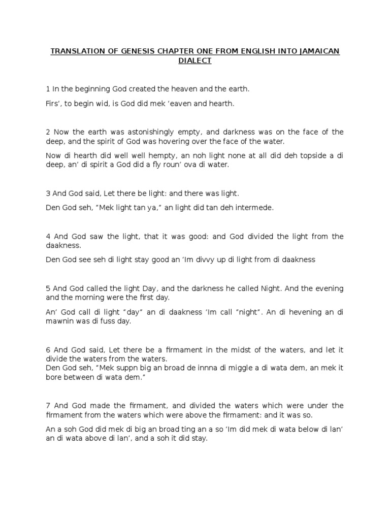 Translation of Genesis Chapter One From English Into Jamaican Dialect ...
