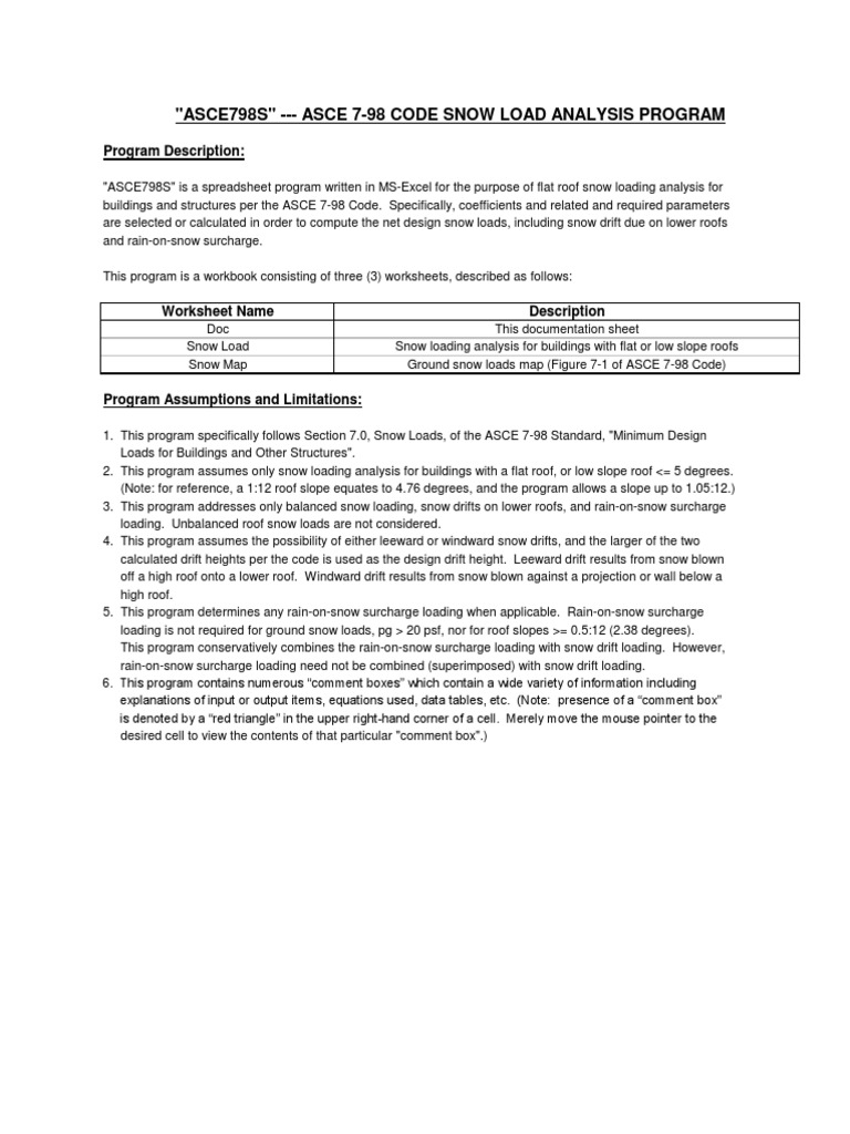 Asce798s - Asce 7-98 Code Snow Load Analysis Program | PDF | Snow | Roof