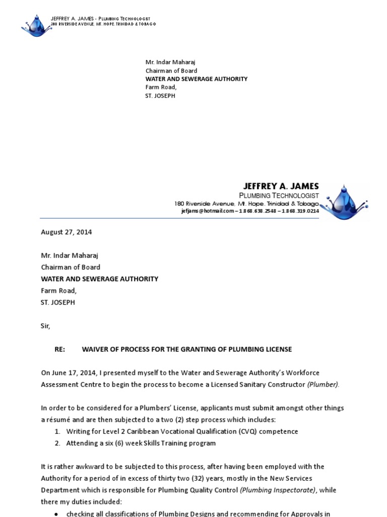 Letter To WASA Chairman Requesting Waiver For Plumbing License | PDF ...