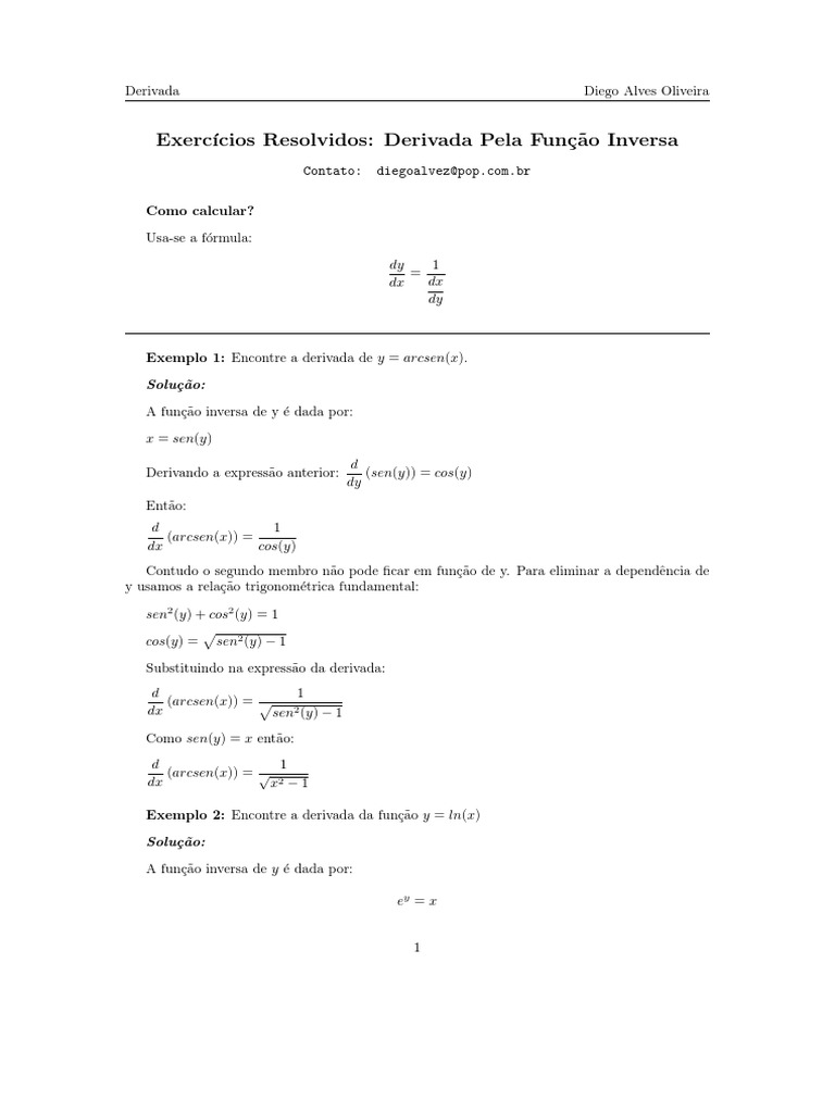 Exercícios Resolvidos: Derivada Pela Função Inversa | PDF