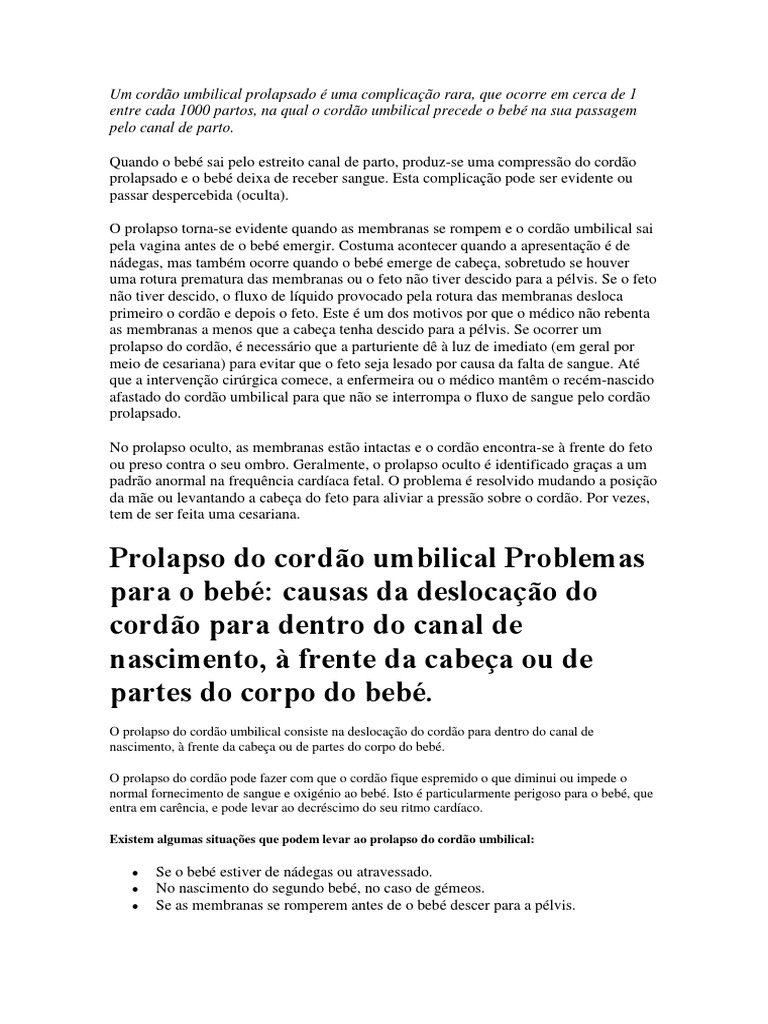 Prolapso do Cordão Umbilical: Riscos e Cuidados | PDF | Parto | Gravidez