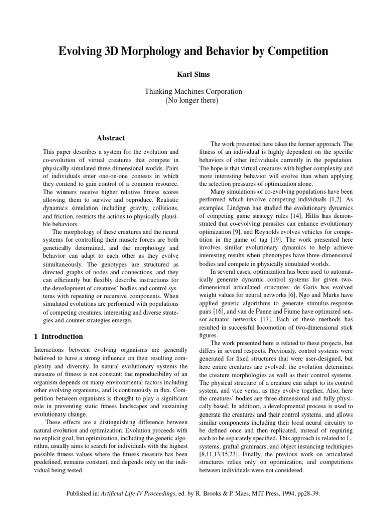 Evolving 3D Morphology and Behavior by Competition: Karl Sims | PDF ...