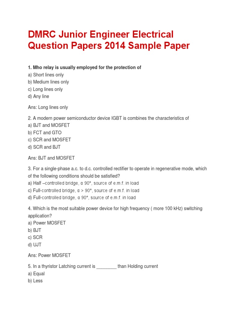 DMRC Junior Engineer Electrical Question Papers 2014 Sample Paper | PDF ...