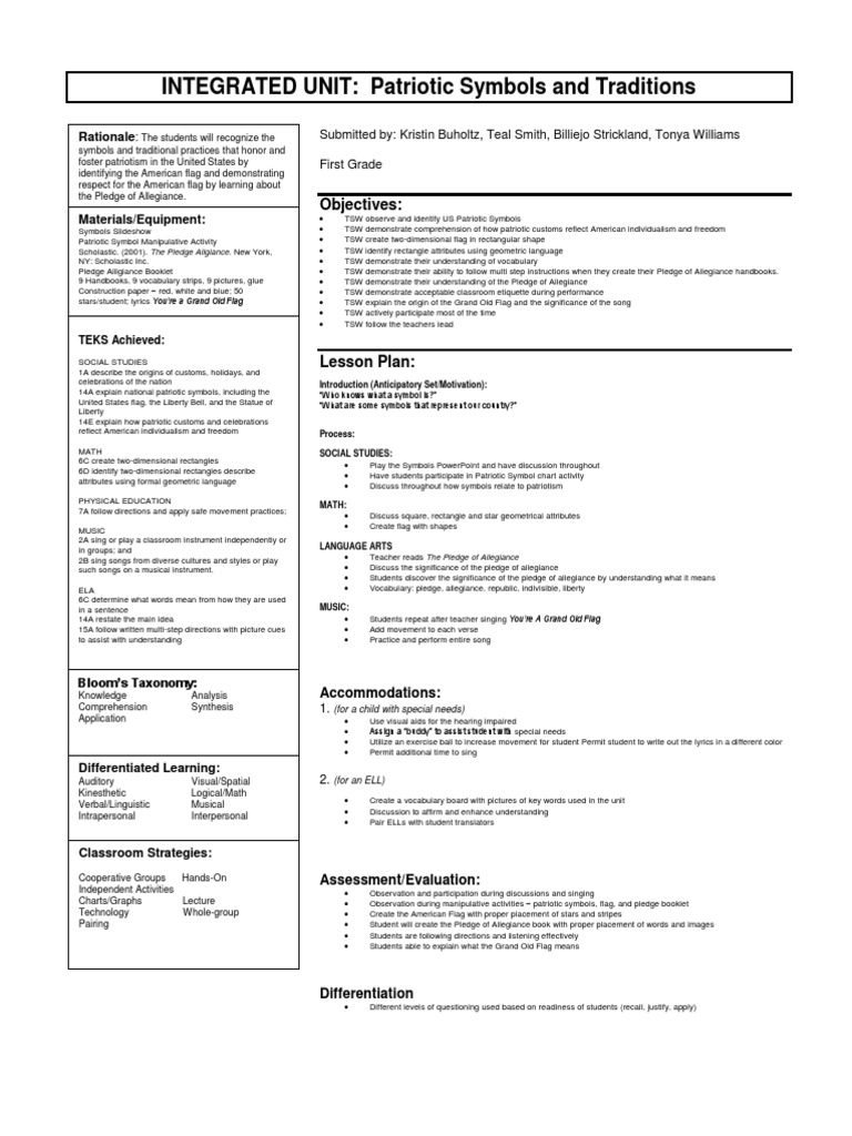 Final Lesson Plan Integrated Unit Patriotic Symbols and Traditions For ...