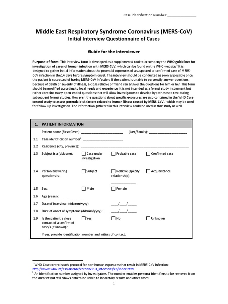 MERS Case Investigation Questionnaire | PDF