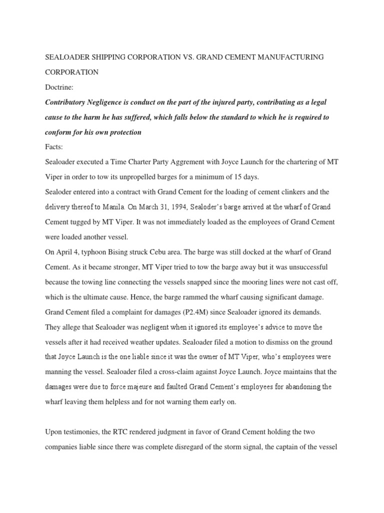 Sealoader vs. Grand Cement: Liability Ruling | PDF | Proximate Cause ...