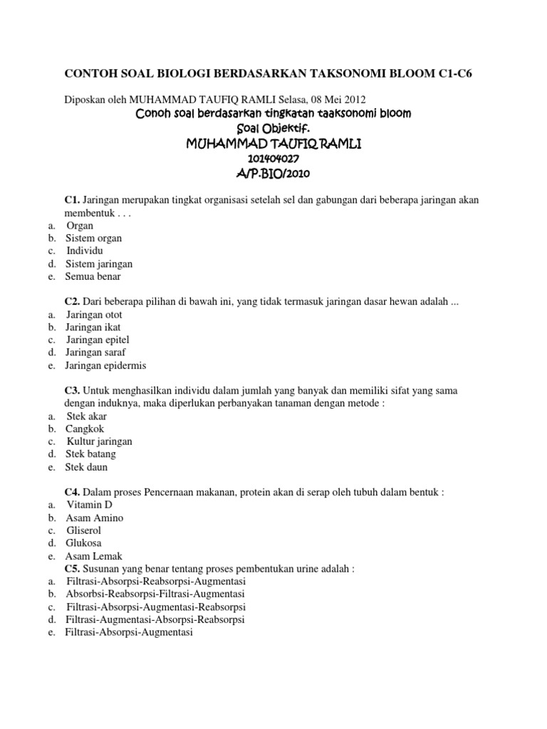 Contoh Soal Biologi Berdasarkan Taksonomi Bloom c1-c6 | PDF