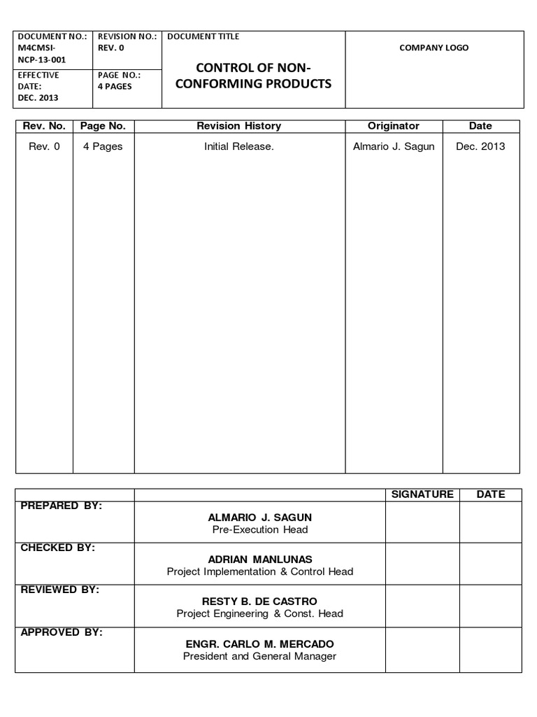 Control of Non-Conforming Products Procedure | Business | Technology