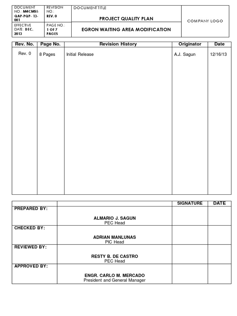 Project-Specific Quality Plan | Download Free PDF | Operations ...