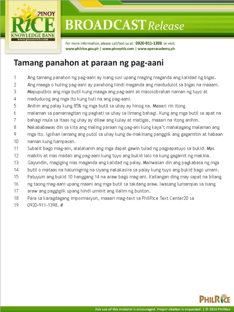 Tamang Panahon at Paraan NG Pag-Aani | PDF