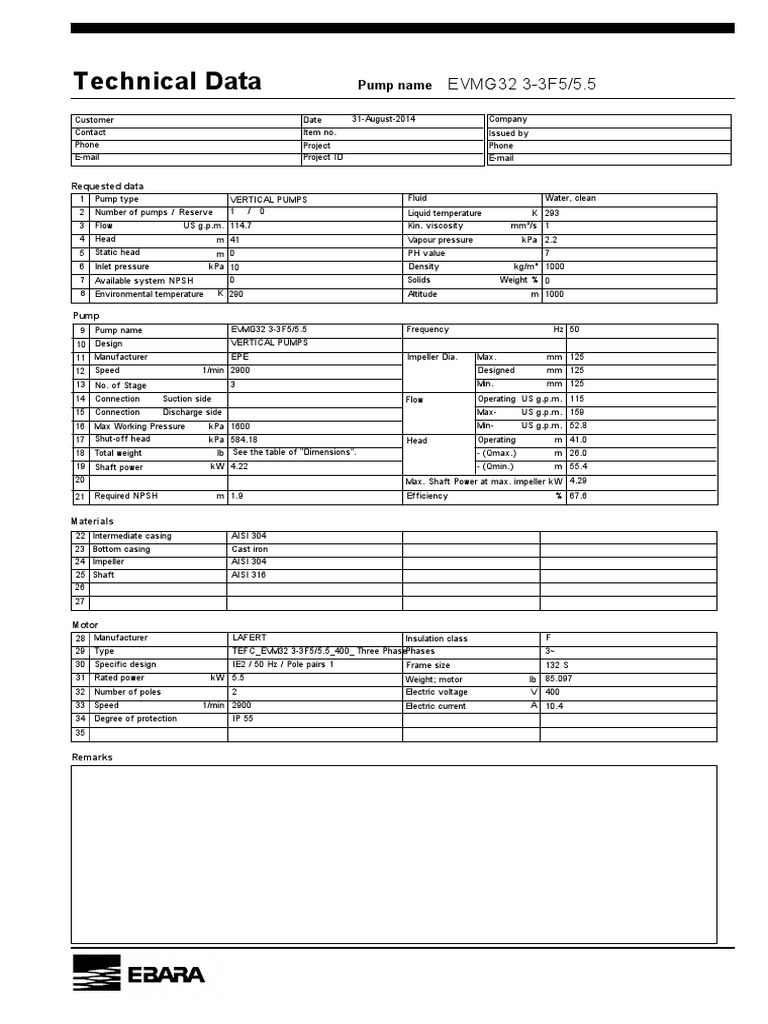 Vertical MultiStage Pump Data Sheet | PDF | Pump | Gases