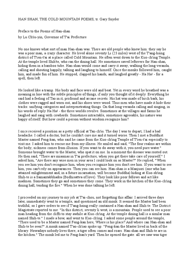 Han Shan - The Cold Mountain Poems (Trad. Gary Snyder) | PDF