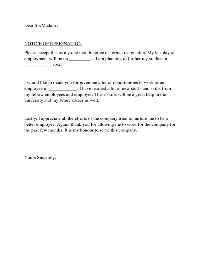 Resignation Letter Template 1 Month Notice