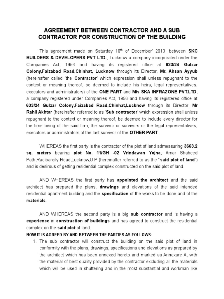 Agreement Between Contractor and A Sub Contractor For Construction of ...