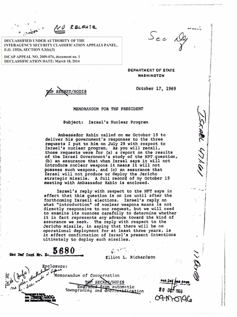 Declassified Papers On US-Israel Nuclear Policy 1969 | PDF | Treaty On ...