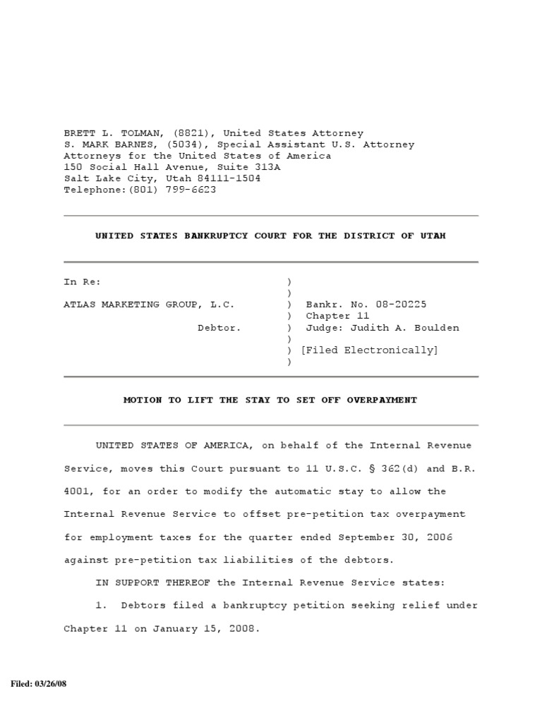 Sleater (Atlas Marketing) - 03 26 08 Motion For Relief From Stay | PDF ...