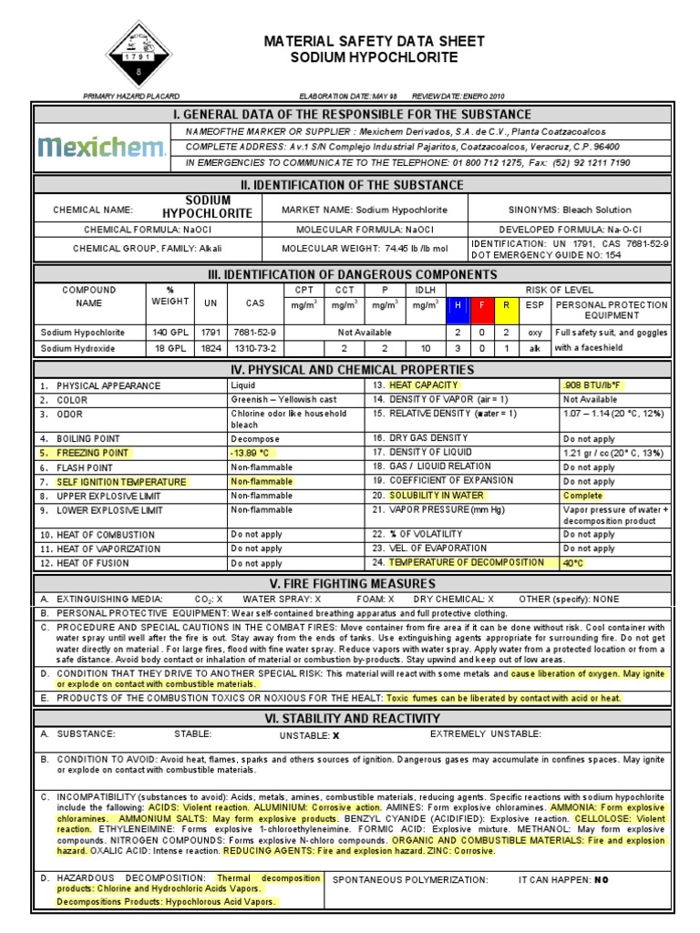 MSDS Sodium Hypochlorite Coatza | Download Free PDF | Explosive ...