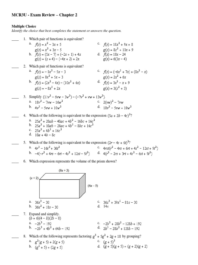 Ch2 - MCR3U - Review | PDF | Factorization | Multiplication