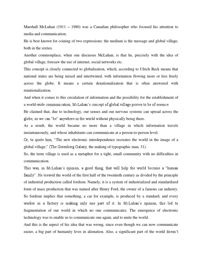 Marshall McLuhan's Concept of the Global Village | PDF | Globalization ...