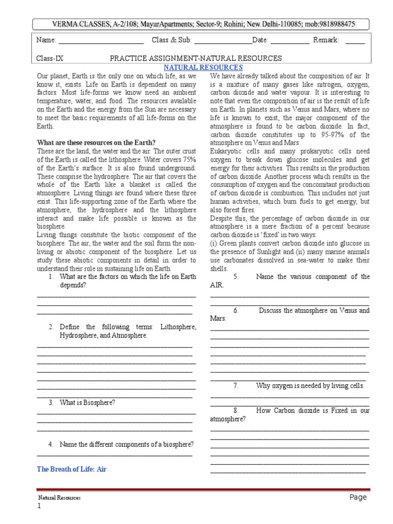 G 9 Natural Resources Test-1 | Download Free PDF | Earth | Atmosphere ...
