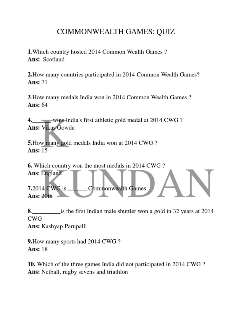 2014 Commonwealth Games Quiz Facts | PDF
