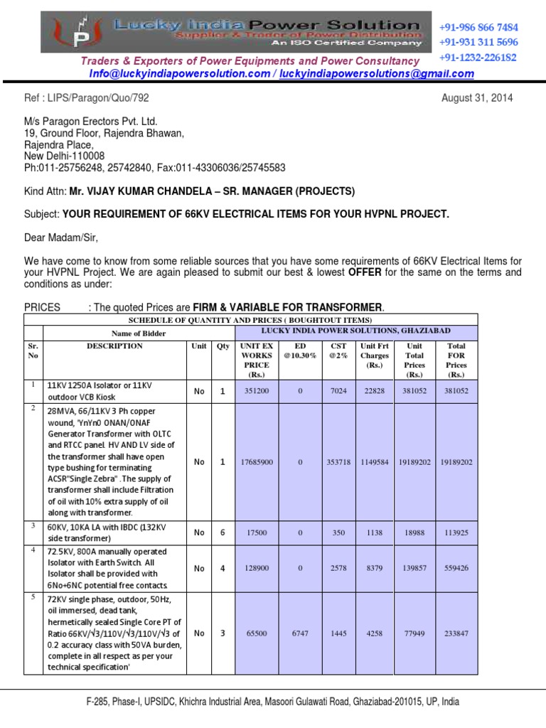Quotation Electrical Items HVPNL Project | PDF | Electrical Substation ...