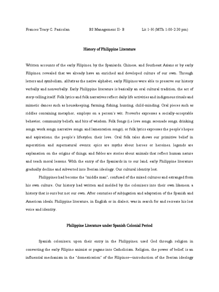 Pasicolan - Lit 1 - History of Philippine Literature (FINAL EXAM PAPER ...