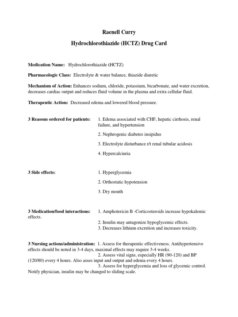 Week 10 Drug Card - Hydrochlorothiazide (HCTZ) | PDF