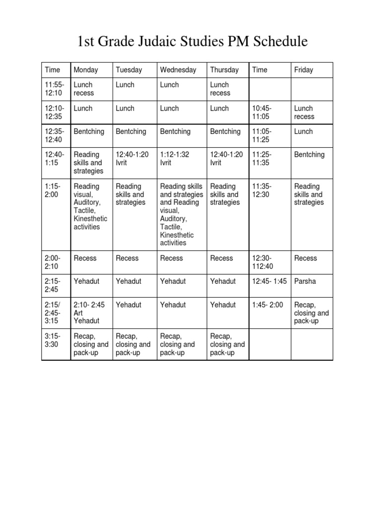 1st Grade Judaic Studies PM Schedule | PDF | Foreign Language Studies