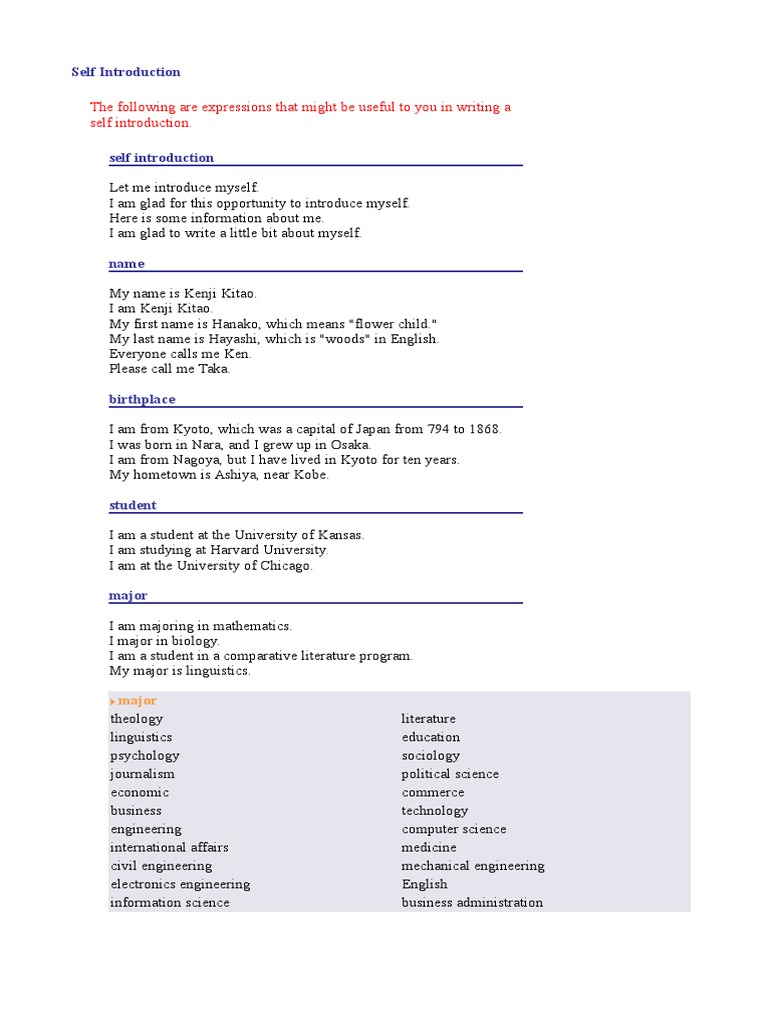 Self Introduction | PDF | Hobbies | Further Education