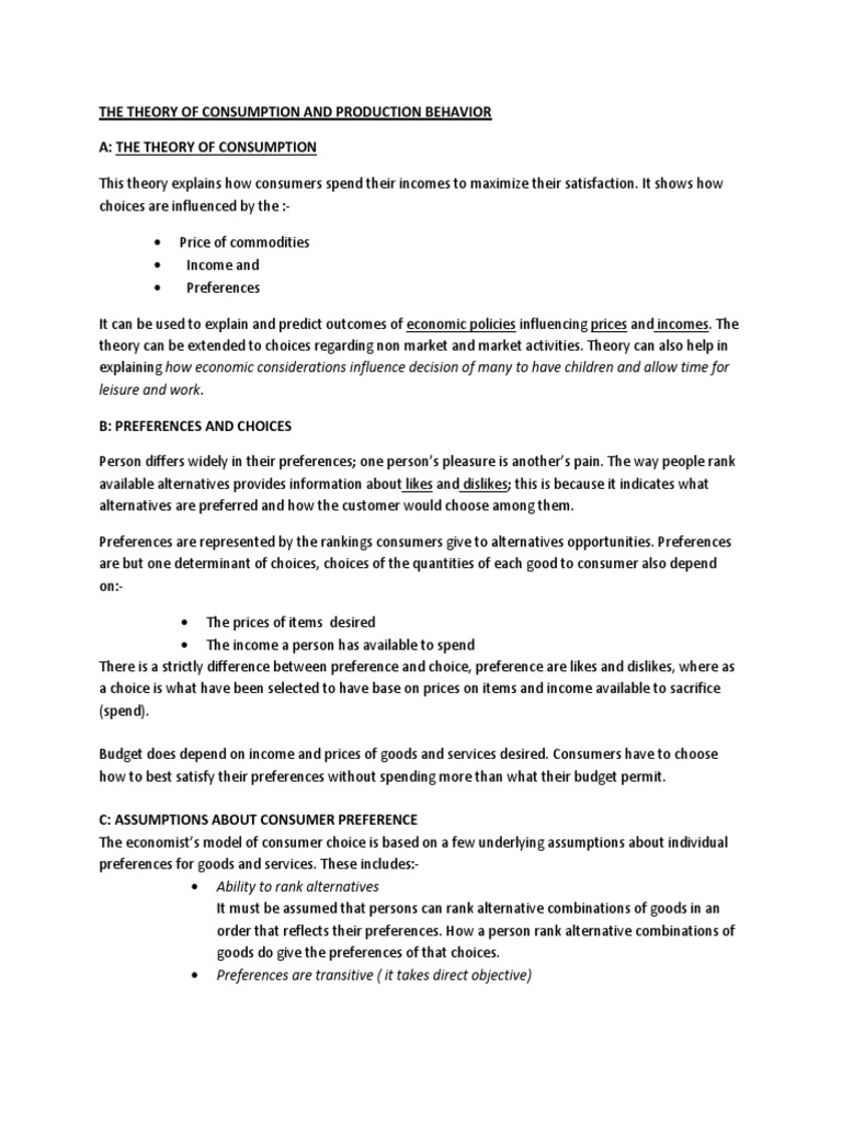 The Theory Of Consumption And Production Behavior A The Theory Of