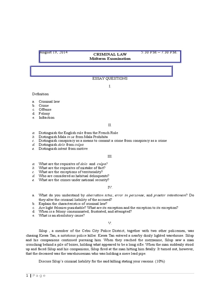 Criminal Law Essay Questions and Scenarios | PDF | Conspiracy (Criminal ...
