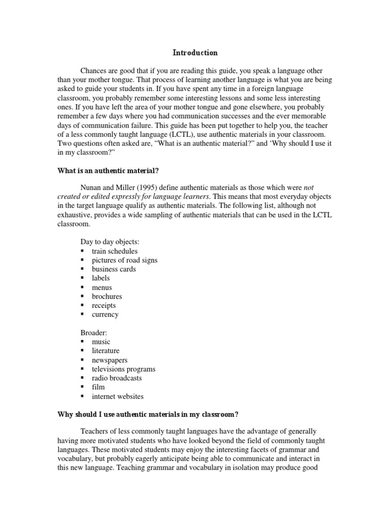 Authentic Materials Guide | PDF | Menu | Lesson Plan