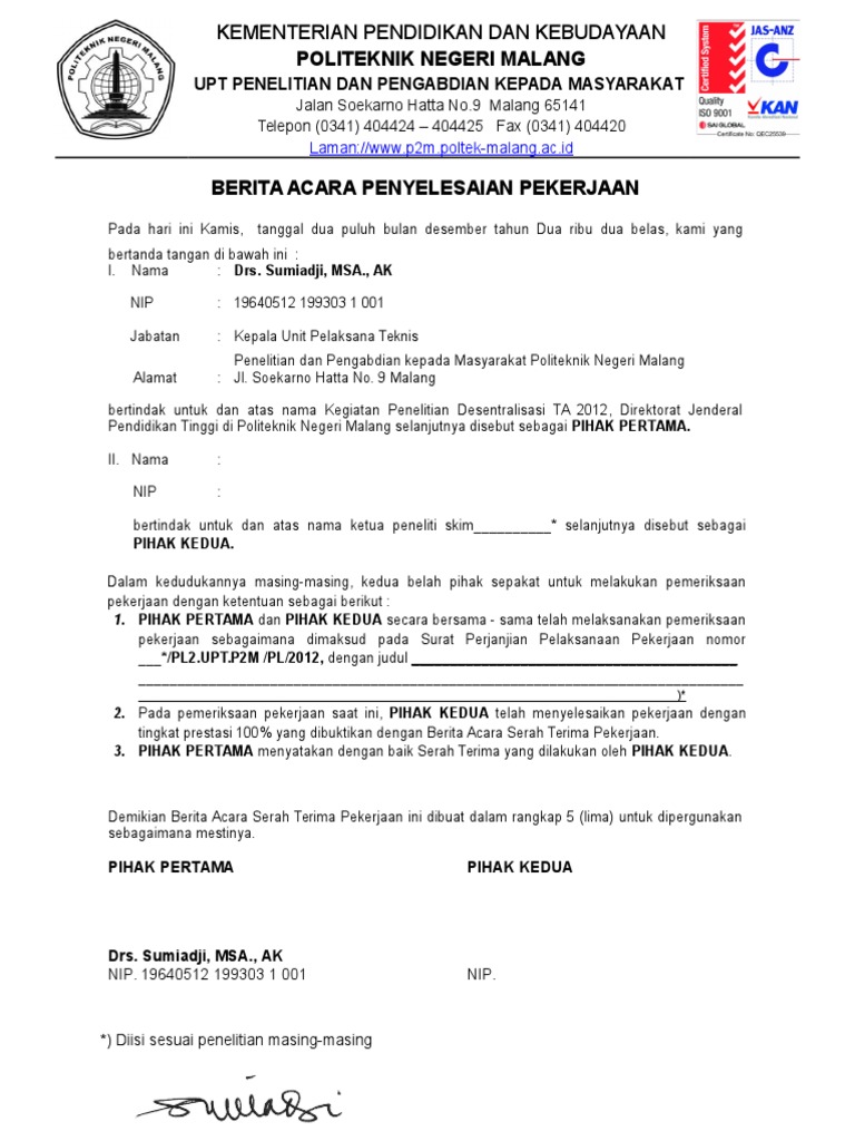 Contoh Format Berita Acara Penyelesaian Pekerjaan (Bapp) | PDF