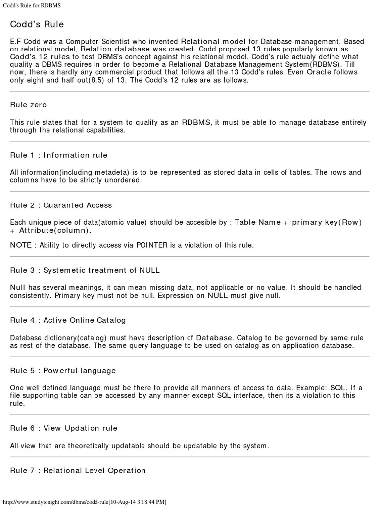 Codd's Rule For RDBMS | PDF | Relational Database | Relational Model