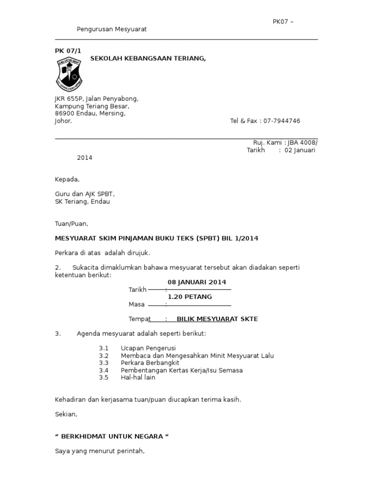 Surat Panggilan Mesyuarat SPBT | PDF