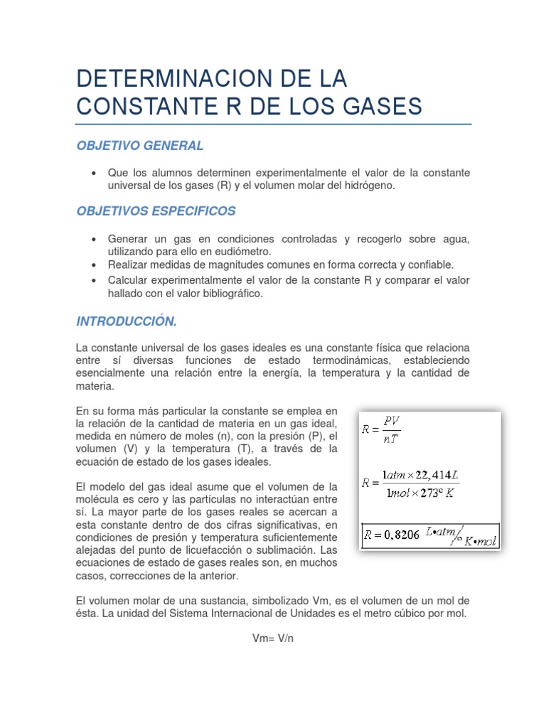 Determinacion de La Constante R de Los Gases | PDF | Gases | Mole (Unidad)