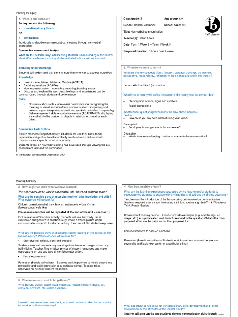 Sample Unit Planner For The Arts | PDF | Gesture | Nonverbal Communication