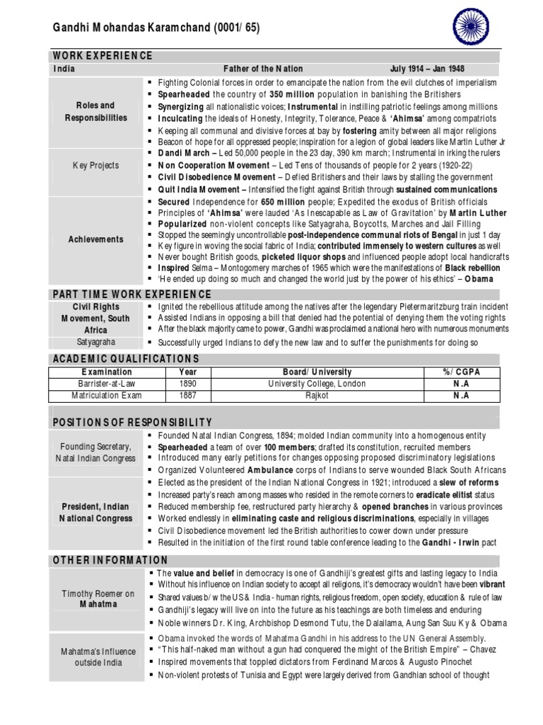 Gandhi Resume | PDF | Mahatma Gandhi | Social Movements