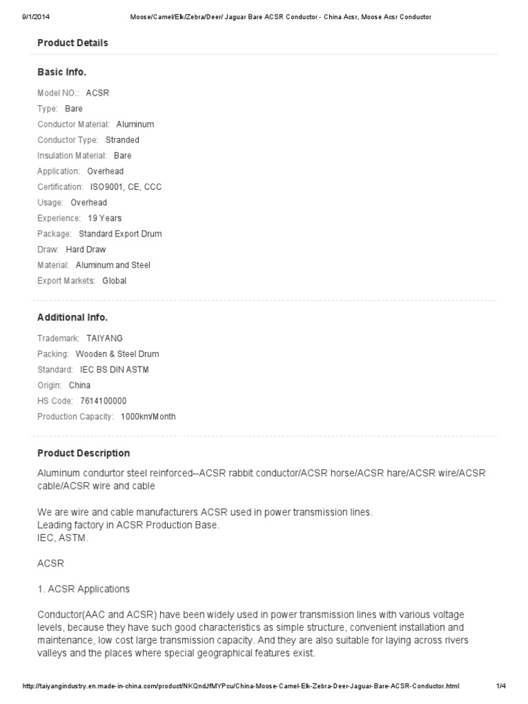 Moose - Camel - Elk - Zebra - Deer - Jaguar Bare ACSR Conductor - China ...