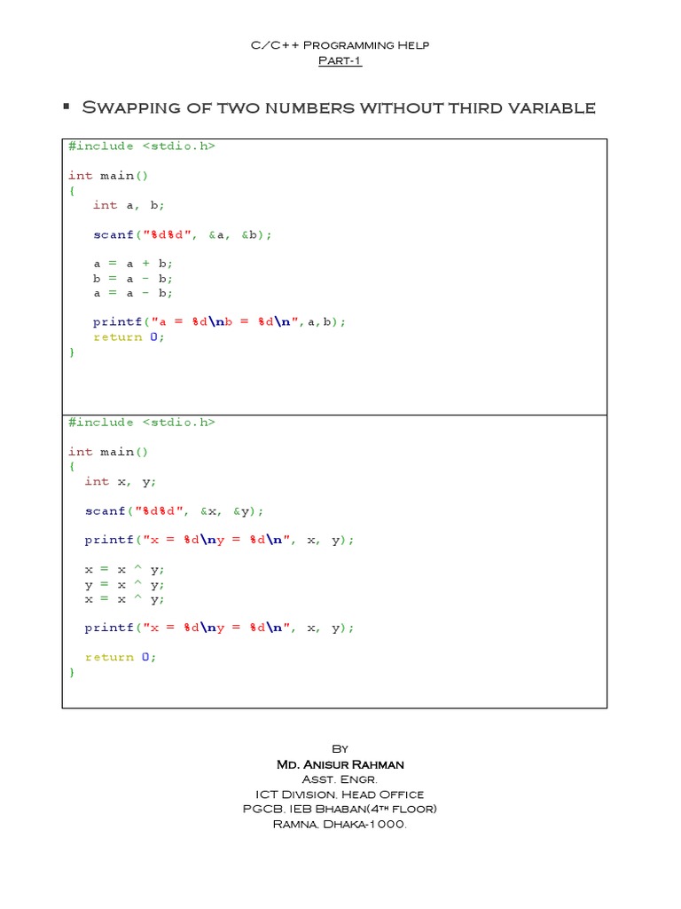 Swapping Of Two Numbers Without Third Variable Pdf 0668