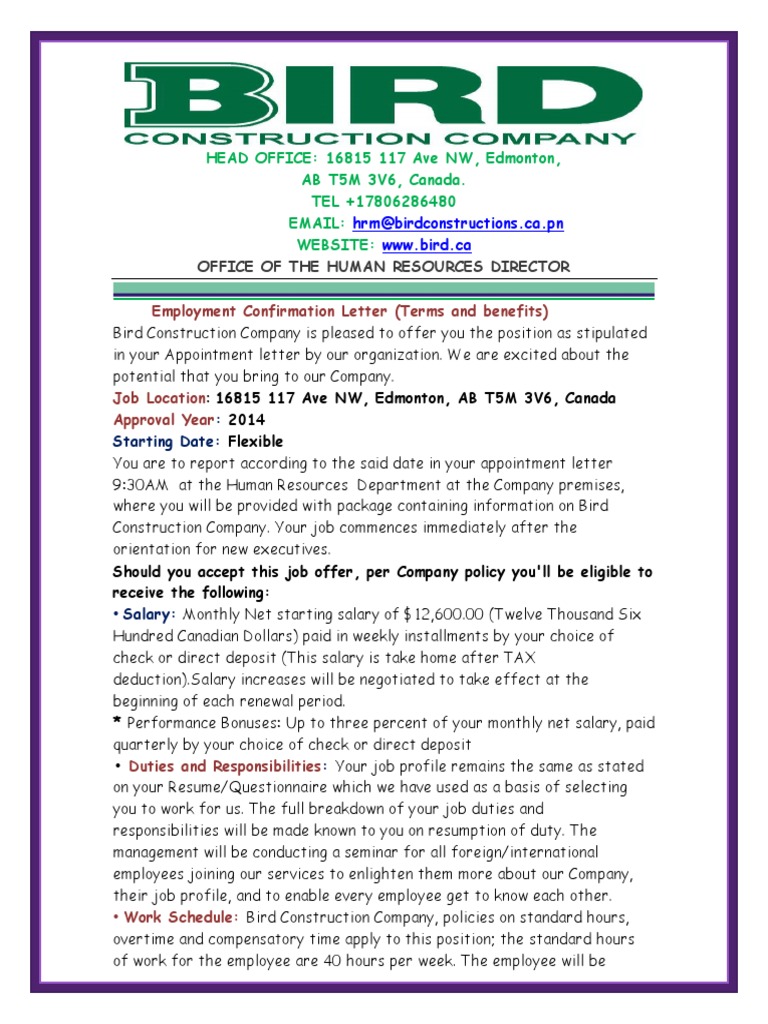 Bird Consturction Company Employment Contract Letter Cbsa | Download ...